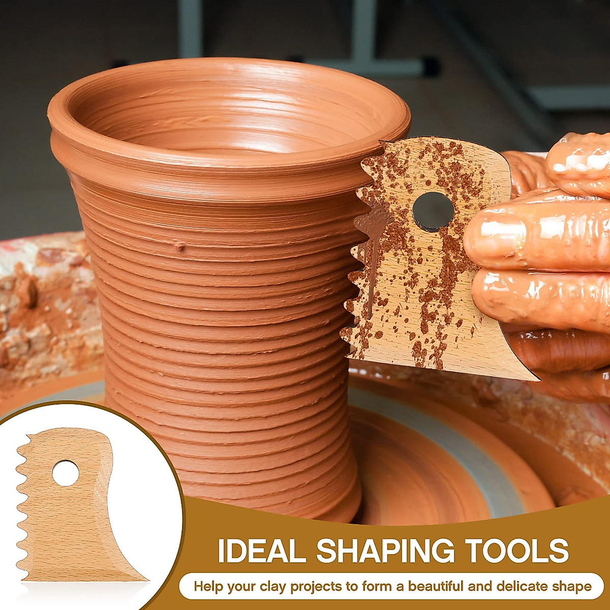 Amylove 7 Pcs Pottery Tools Pottery Foot Shaper Trimming Tools Profile Rib Bundle Foot Shaper for Ceramics for Carving Clay Molds Clay Texture Ribs Ceramics, Beech Wood, Stylish Style