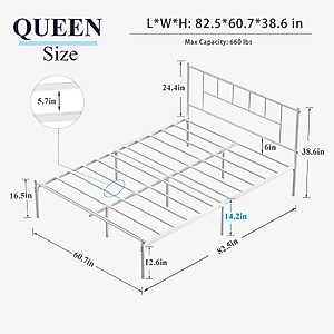 VECELO Queen Metal Platform Bed Frame with Headboard, Heavy Duty Steel Slat Support, Under Bed Storage,No Box Spring Needed, Easy Assembly