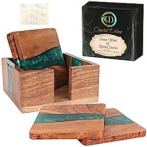 Wood and Resin Coasters Set of 4 with Holder for Wooden Table, Handmade Acacia Wood and Epoxy Resin Coaster Set, Protect Tables, Non-Absorbent and Easy to Clean, for Home, Office, or Bar