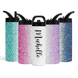 Personalized Flip Top 25oz Gym & Camp Water Bottle - 750ml Pink Glitter Effect with Name - Custom Sports Bottle