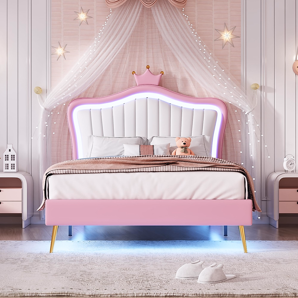Bekeknlny Modern Upholstered Princess Bed with Crown Headboard and LED Lights,Twin Size PU Upholstered Bed Frame for Kids Boys Girls Bedroom (White+Pink/PU, Twin)