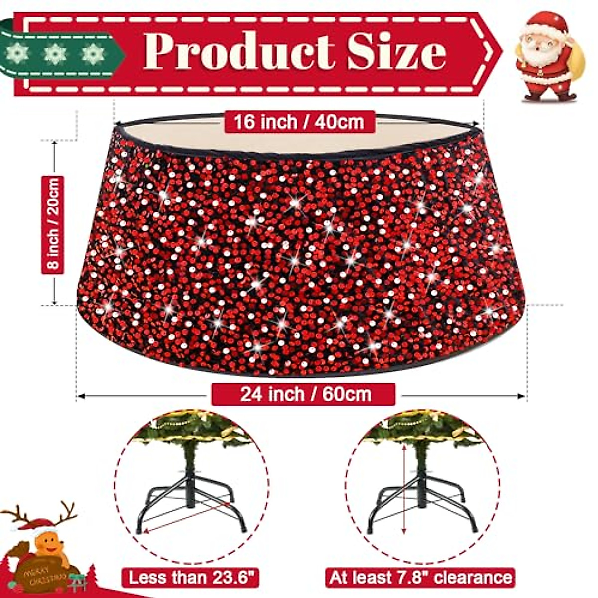 ROMANKAS Christmas Tree Collar Red and Black Glitter Xmas Tree Collar 23.6 Inch Sequins Christmas Tree Skirt Sparkle Tree Base Cover Bling Xmas Tree Ring for Holiday Party Christmas Decoration