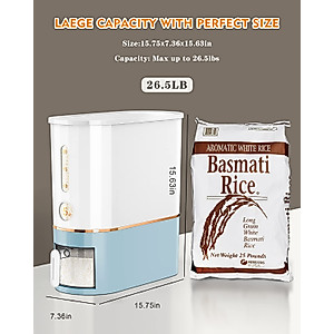 VenDotbi 26.5Lbs Rice Dispenser, Rice Container with Measuring Cup, Large Capacity Food Storage Container with Lid, Food Dispenser Kitchen Organization for Home Kitchen Pantry Rice Soybean Corn-Blue