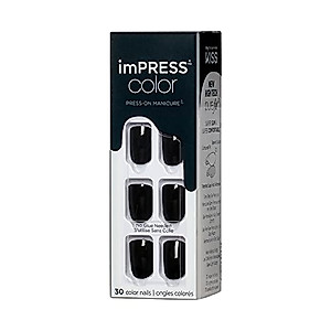 KISS imPRESS Color Press-On Nails, Gel Nail Kit, PureFit Technology, Short Length, “All Black”, Polish-Free Solid Color Manicure, Includes Prep Pad, Mini Nail File, Cuticle Stick, and 30 Fake Nails