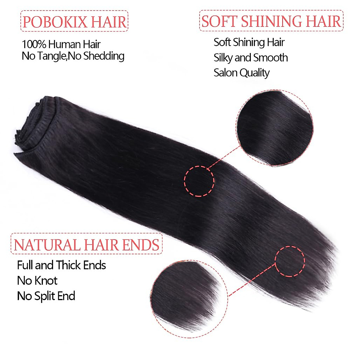 Pobokix Clip in Hair Extensions Real Human Hair Straight Brazilian Human Hair Clip in Extensions 8Pcs Seamless Clip ins for Black Women Lace Weft 18Clips 120g (18inch, Natural Black)
