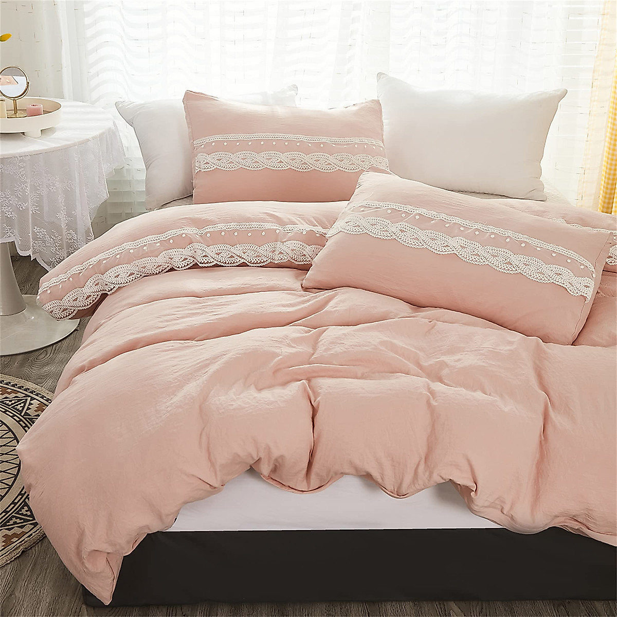 ABREEZE Washed Microfiber Laced Queen Duvet Cover Set,Vintage Grey Shabby Boho Chic Lace Farmhouse Bedding Comforter Quilt Cover 3 Pieces French Country Cottage Queen Bedding