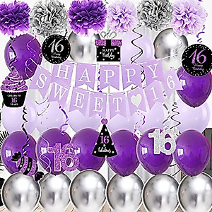 Sweet 16 Birthday Decorations Purple-Sweet 16 Purple Party 16th Birthday Banner 16th Birthday Party Supplies Purple Silver Black Foil Hanging Swirls for Girl 16th Birthday Party Decorations