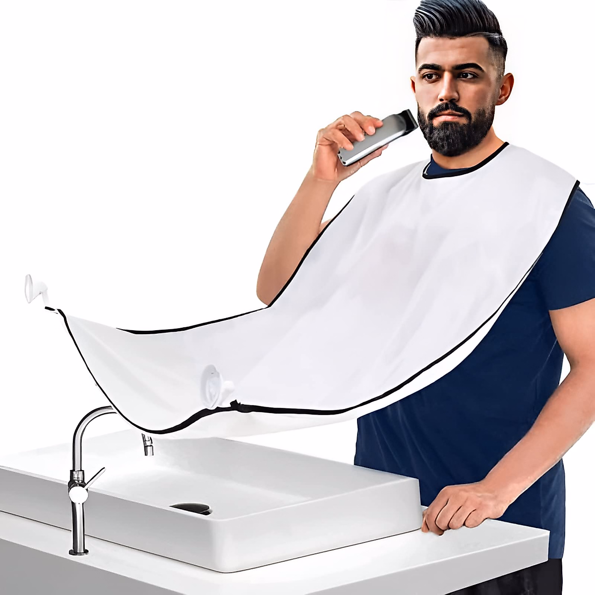 HuaShanDa Beard Bib Beard Apron, Beard Catcher for Men Shaving and Trimming, Waterproof and Non-Stick Beard Cape Grooming Cloth with 4pcs Suction Cups and Travel Pouch, Best Gifts for Men- White