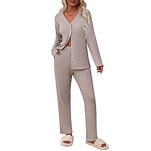 Ekouaer Women's Waffle Loungewear Set Button Down Long Sleeve Pajamas Set Soft Casual Loose Sleepwear Pjs Set Beige Small