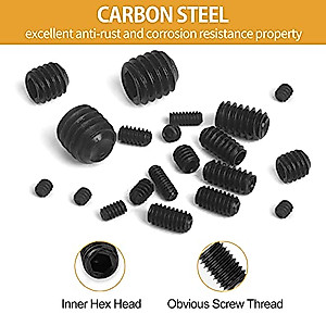 VIGRUE 390Pcs #4-40 to 3/8"-16 SAE Hex Allen Head Socket Set Screws Grub Screw Bolts Assortment Kit, Carbon Steel Internal Hex Drive Cup-Point Screws with 7pcs Hex Wrenches