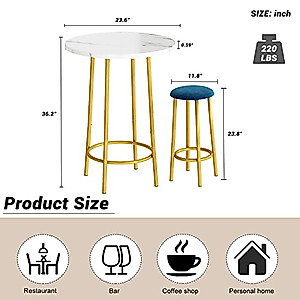 DKLGG 3 Piece Bar Table Set, Small Kitchen Table Set for 2, 24'' Round Pub Height Table Set with Faux Marble Table and 2 Stools Breakfast Nook Dining Table Set for Small Spaces, Dining Room, Blue