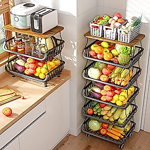 Seed Spring 5 Tier Fruit Basket – Stackable Wire Basket Cart with Rolling Wheels – Fruits Vegetable Kitchen Storage Cart Pantry Laundry Organizer – Black