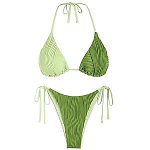 ZAFUL Bikini Bathing Suit for Women Halter 2 Piece Bikini Sets Adjustable Self Tie Strings Removable Pads Swimsuit Green L