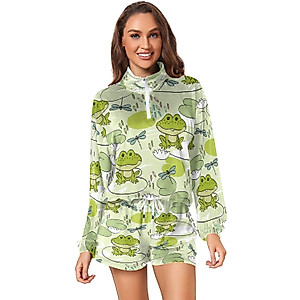 Kigai Cartoon Frogs Dragonflies Jogging Suits for Women Lounge Cozy Long Sleeve Half Zip Lapel Collar Sweatsuit Set,L