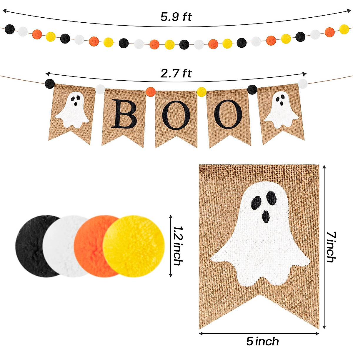 WATINC 2pcs Halloween Scary Boo Burlap Banner Ghost Pom Pom Garland Set, Happy Halloween Felt Ball Banner Hanging Decorations Thanksgiving Carnival Holiday Party Hang Bunting Decor for Home Wall