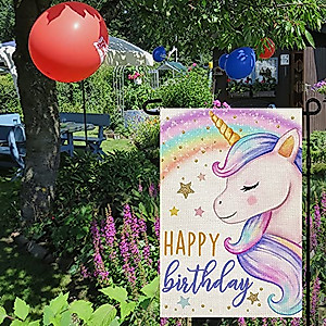 CROWNED BEAUTY Happy Birthday Garden Flag 12x18 Inch Double Sided Girl Unicorn Rainbow Outside Welcome Party Decoration Gift Yard Flag
