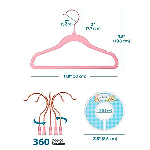 Smartor Premium Velvet Baby Hangers for Closet 50 Pack, 11.8" Safe Durable Baby Clothes Hangers for Nursery with 6 Pcs Closet Dividers, Sturdy Felt Hangers for Toddler/Infant/Kids/Childrens - Pink