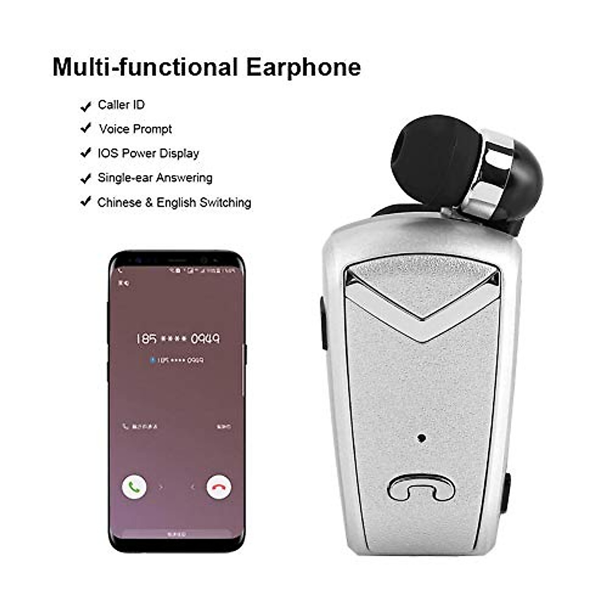 Zerone Wireless Bluetooth Headset in-Ear Retractable Business Lavalier Earphone, Noise Cancelling, MicBusiness/Workout/Driving(White)