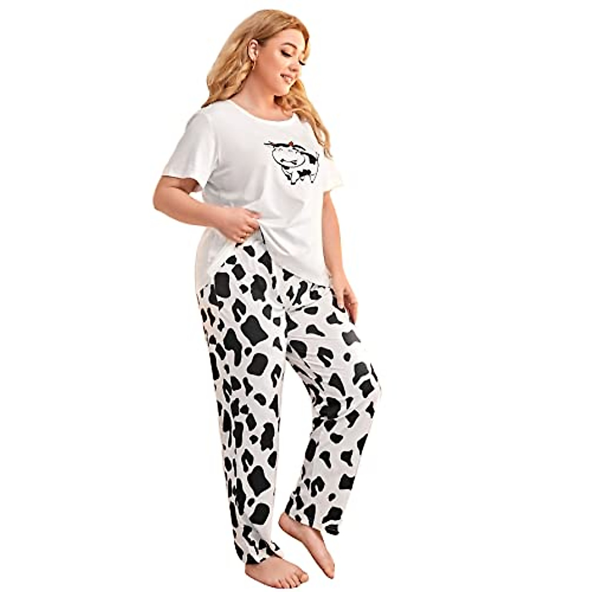 WDIRARA Women's Plus Size 2 Piece Cow Print Short Sleeve T Shirts and Pants Pajama Set Black and White 2XL