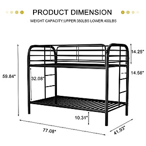 Aobabo Metal Bunk Bed Twin Over Twin Size, Heavy Duty Bed with Safety Guard Rails and Space-Saving Design, Steel Bed for School, Bedroom, Assembly Required, Black