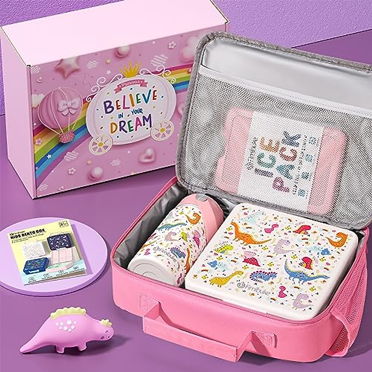Fimibuke Kids Bento Lunch Box with 4 Compartments, Insulated lunch Bag, Stainless Steel Insulated Water Bottle, Ice Pack & Utensils, Birthday Gifts for Ages 3-12 Back to School Toddler Girls Boys