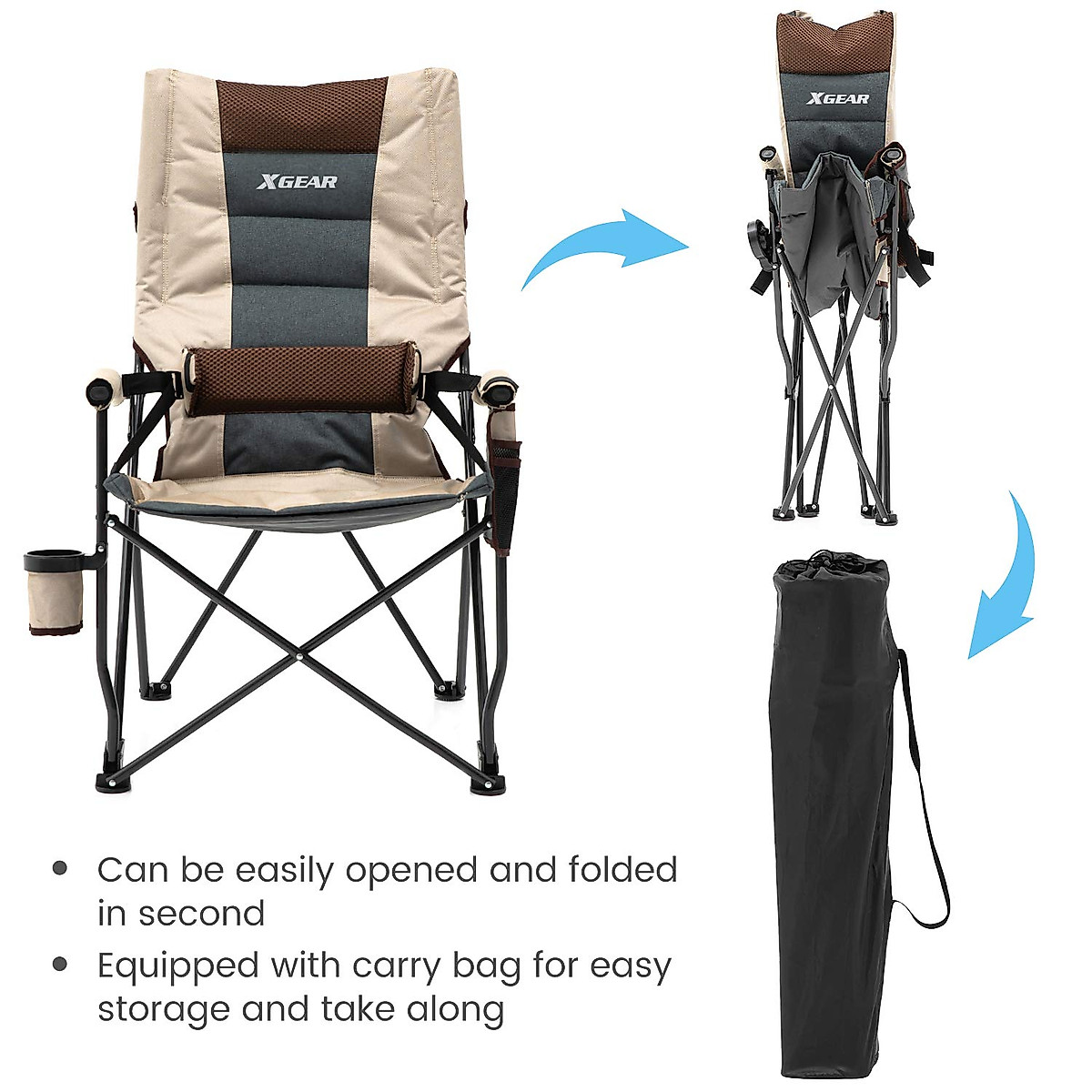 XGEAR Adjustable Oversized Camping Chair High Back Camp Chair Hard Arm Chair with Cup Holder, Support to 400lbs-Beige (Beige-O)
