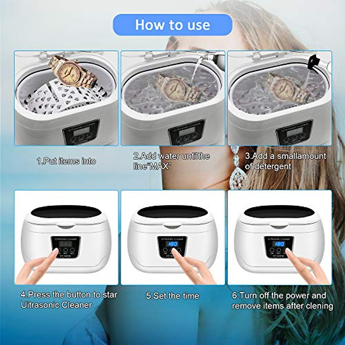 Ultrasonic Cleaner, Professional Ultrasonic Jewelry Cleaner 20 Ounces(600ML) with Five Digital Timer, Watch Holder,Cleaning Basket, SUS Tank for Cleaning Eyeglasses, Ring,Watches, Dentures