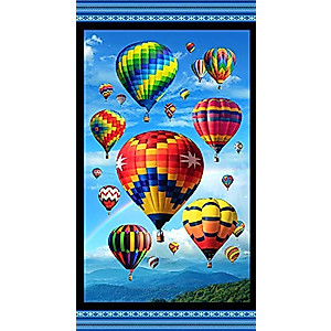 Up in The Air Hot-air Balloon Digitally Printed Panel from Elizabeth's Studio Cotton Quilt Fabric 617 Black