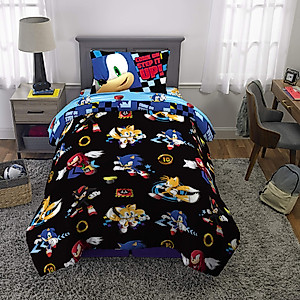 Franco Sonic The Hedgehog Anime Kids Bedding Twin/Full Comforter with Twin Sheet Set and Cuddle Pillow, 5 Piece Bedroom Set (Official Sega Licensed Product)