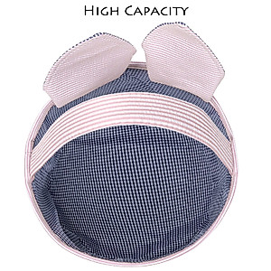 GFU Easter Bunny Basket with 2pcs Stickers,Seersucker Eggs Hunt Bag with Handle for Kids, Pink Children Easter Tote Bags,Rabbit Ears Stripe Bag for Boys and Girls to Carry Candy Gift, Easter Egg