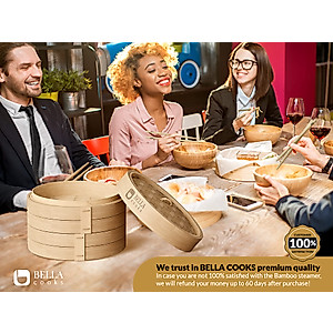 BELLA COOKS Bamboo Steamer for Cooking - Steamer Basket with a Ring - Fits every Pan & Pot - Dumpling Steamer - Incl. Extra Chopsticks & Silicone Liners