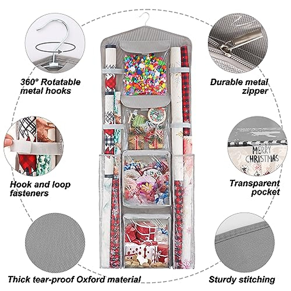Fixwal Christmas Hanging Gift Wrapping Paper Storage Oxford Double-Sided Hanging Gift Wrap Craft Roll Organizer Storage Pockets Hanging Pantry Organizer (Grey)
