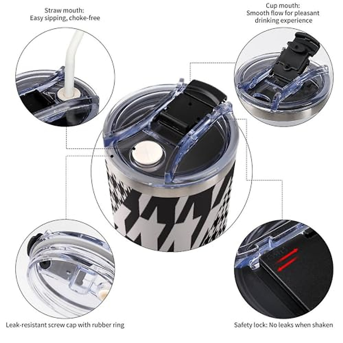 Niapessel Leak Proof Tumbler, Insulated Water Bottles with Straw, Houndstooth Black White Insulated Cup with Handle 40 Oz Stainless Steel Flask for School, Travel, Car, Sports, Work