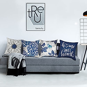 RYSMIYOU Decorative Throw Pillow Covers Set of 4 Blue Pillow Covers 18x18 inch Throw Pillow Cases Linen Square Pillow Case,Farmhouse Outdoor Modern Boho Pillow Covers for Couch Sofa Living Room