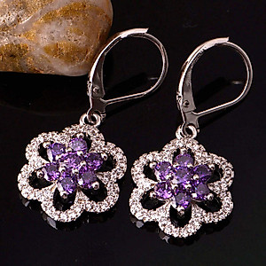 Uloveido Purple Cubic Zirconia Flower Earrings Necklace Ring Set for Women CZ Bridal Jewelry Sets for Bridesmaids T489 (Purple, Size 6)