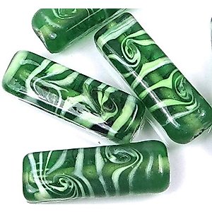 Beads Craft Jewelry Making 4 Lampwork Handmade Glass Green Swirl Long Rectangle Focal Beads 33x11mm
