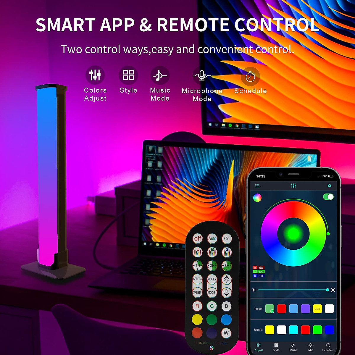 iodoo Smart LED Light Bars Desk RGB Gaming Accessories for Room , Smart Home Gaming Lights, RGBICWW APP and Remote Control TV Backlights with Scene Modes and Music Modes for Gaming, (10in)