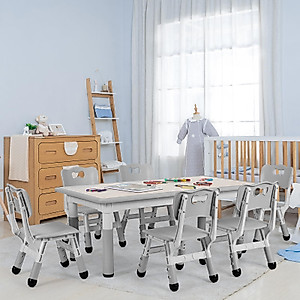 Arlopu Kids Study Table and 6 Chairs Set, Height Adjustable Graffiti Table, Preschool Activity Art Craft Table for 6, Multifunctional Toddler Table, Reading, Drawing, Eating Interaction (Gray)