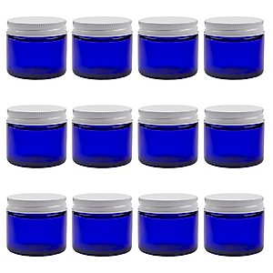 Cornucopia Brands 2oz Cobalt Blue Glass Jars w/Metal Lids (12 Pack); Straight Sided Containers for Creams, Cosmetics, Lotions and More