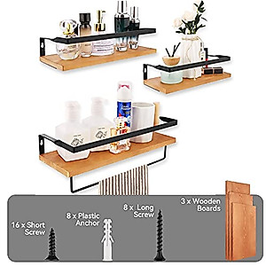 AKEYDIY Floating Shelves Wall Mounted Set of 3, Rustic Wood Wall Shelf with Metal Frame, Towel Rack for Bedroom, Living Room, Bathroom, Kitchen, Office and More