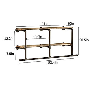 MAIKAILUN Wall Mounted Clothes Rack with Shelf, 52" Long Industrial Pipe Clothing Rack with 2 Tier MDF Shelves Heavy Duty Iron Garment Rack Bar,Retail Display Clothes Rod for Clothes,Laundry Room