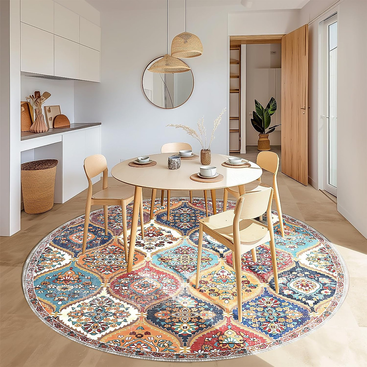 Round Boho Rug, Bohemian Circle Area Rug 5ft, Washable Non-Slip Round Clearance Moroccan Carpet for Bedroom Kitchen Bathroom Living Room Office Decor - 5ft-Round,Cream