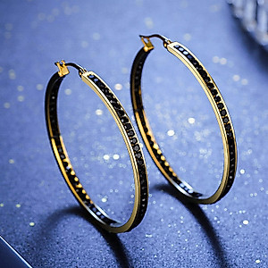weinuo 2 Inch Stunning Gold Plated Stainless Steel Black Cubic Zirconia Hoop Earring for Women Hypoallergenic Jewelry for Sensitive Ears Large Big Hoop Earrings 50MM