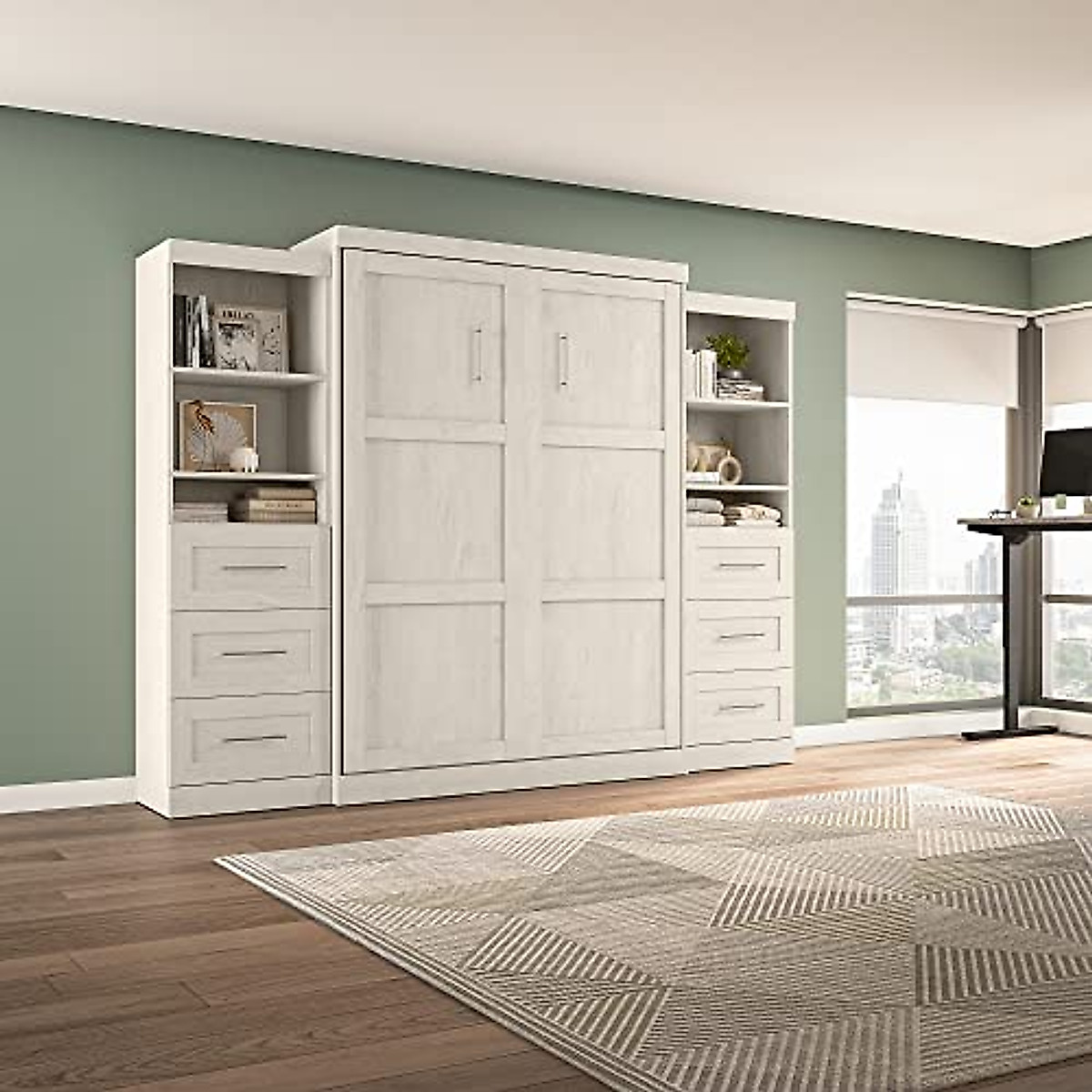 Bestar Pur Queen Murphy Bed and 2 Shelving Units with Drawers, 115-inch Space-Saving Sleeping Arrangement in Linen White Oak
