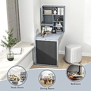 IFANNY Folding Wall Desk, Wall Mounted Fold Out Desk with Storage Shelves & Hooks, Hideaway Desk Wall Mount with Chalkboard, Floating Corner Desk for Small Spaces (Gray)