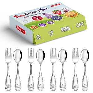 Toddler-Utensils-Kids-Silverware-Set, 8 PCS 18/10 Stainless Steel Toddler Forks and Spoons, Round Edges Children Cutlery Set with Dog & Cat Pattern, Non-slip Fork, Mirror Polished, Dishwasher Safe