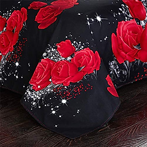 Labstandard Red Duvet Cover Set Queen, 3D Printed Rose Bedding Soft Comforter and Breathable Quilt Cover(1 Duvet Cover, 2 Pillowcases, Zipper Closure)