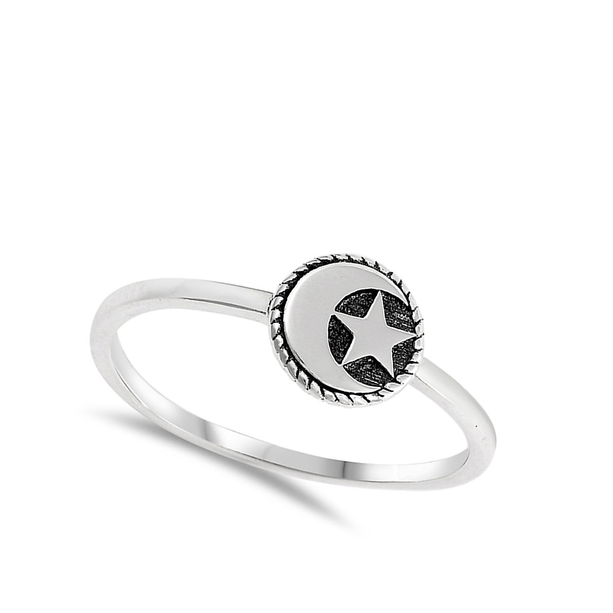 Oxidized Moon Star Simple Dainty Ring 925 Sterling Silver Muslim Band Size 10