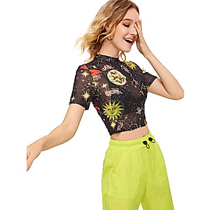 SweatyRocks Women's Short Sleeve Print See Through Sheer Mesh Crop Top T Shirt Black Star M