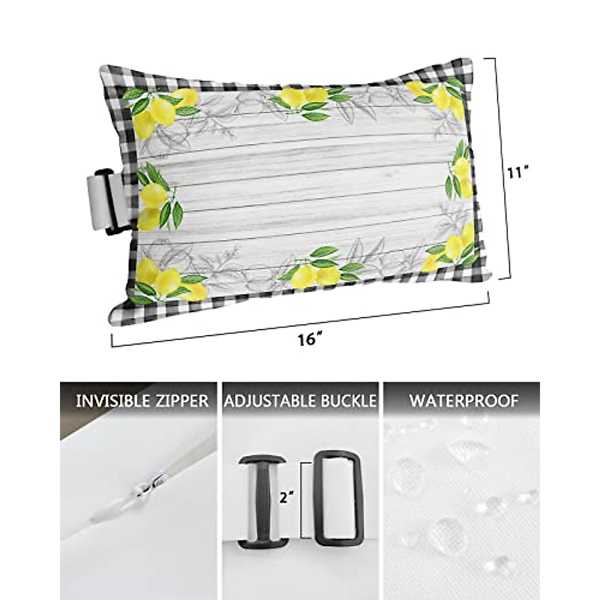 Recliner Head Pillow Ledge Loungers Chair Pillows with Insert Summer Lemon Black White Buffalo Plaid Retro Wood Grain Lumbar Pillow with Adjustable Strap Patio Garden Cushion for Bench Couch, 2 PCS